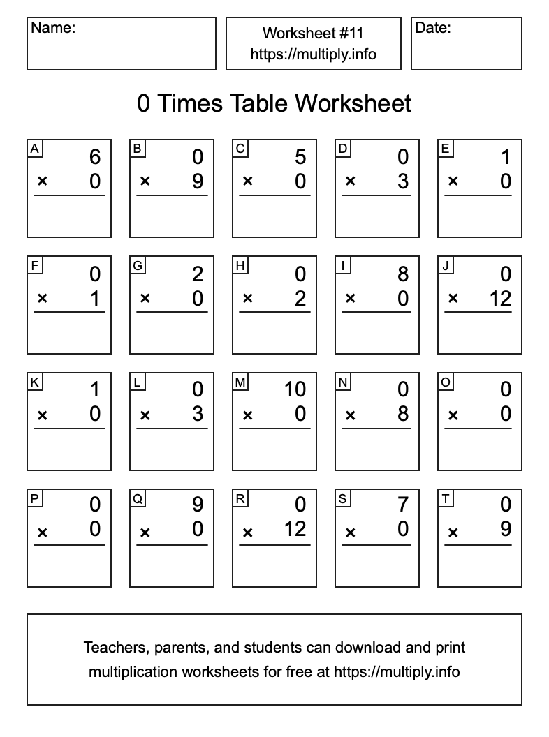 0 Times Table Worksheet #11