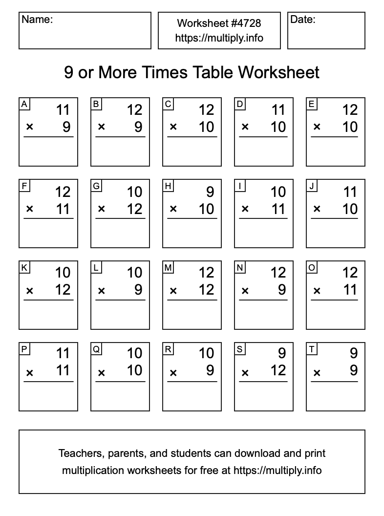 9 or more Times Table Worksheet #4728