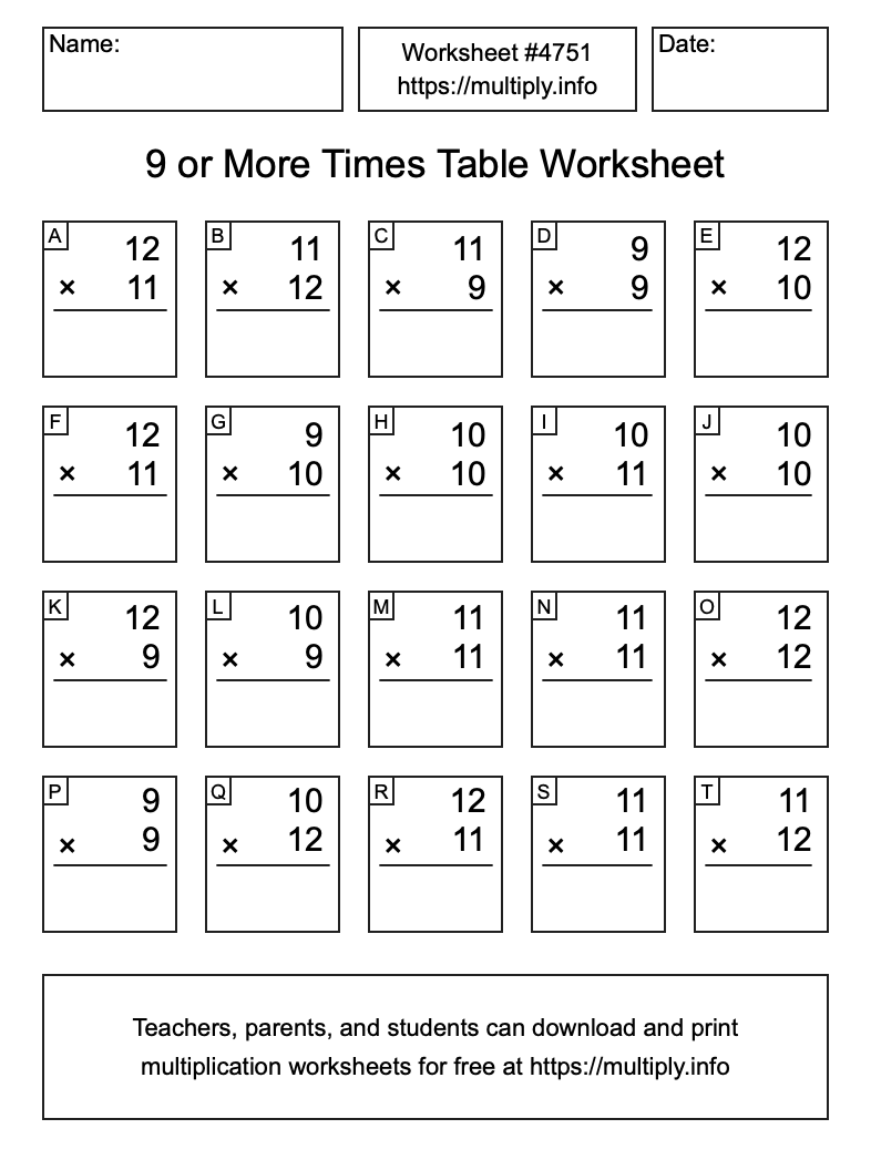 9 or more Times Table Worksheet #4751