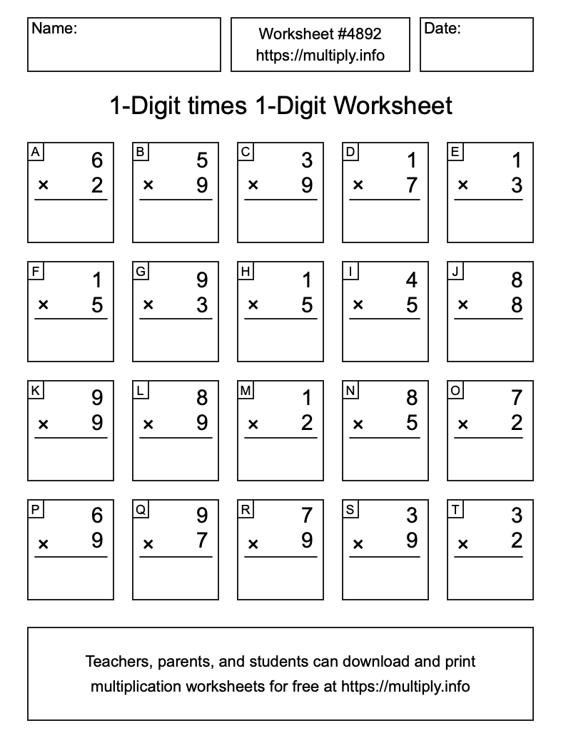 1-Digit times 1-Digit Worksheet #4892