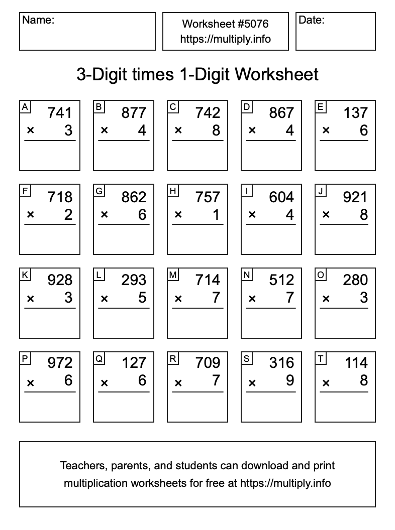 3-Digit times 1-Digit Worksheet #5076