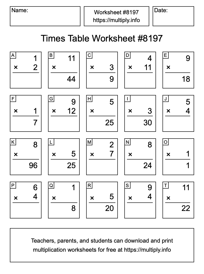 Times Table Worksheet #8197